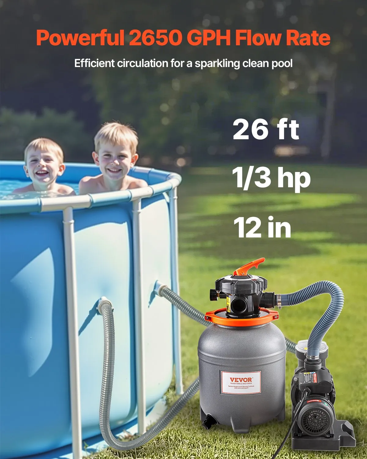 VEVOR Sand Filter Pump for Above Ground Pool, 12 in, 2650 GPH, 1/3 HP ...